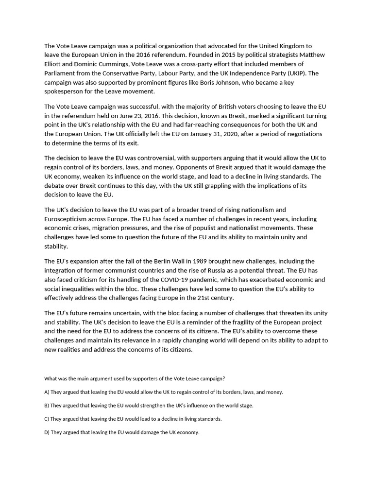 Unit 5 Lesson 2 Reading Comprehension Homework | PDF | Brexit ...