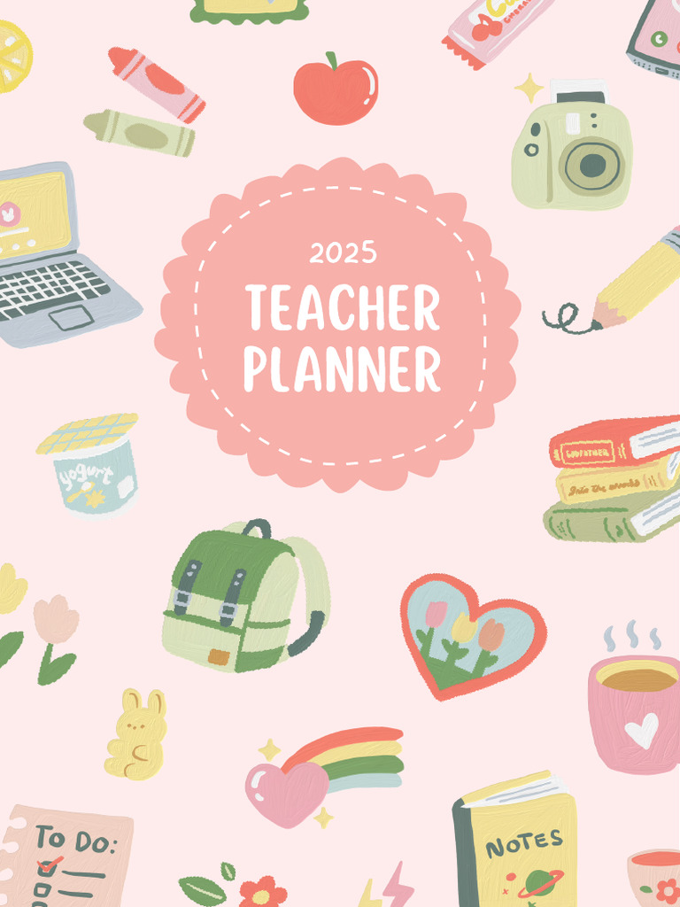 Teacher Planner For 2025 in Pink, Green, Blue and Yellow Cute ...