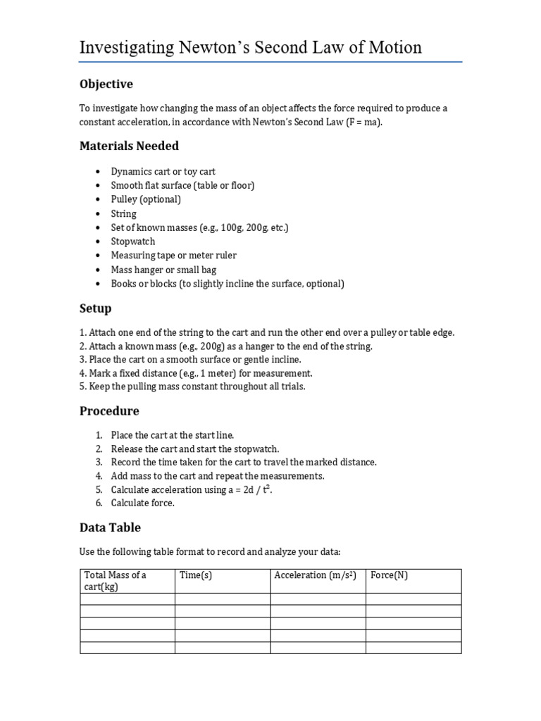 Newtons Second Law Experiment | PDF
