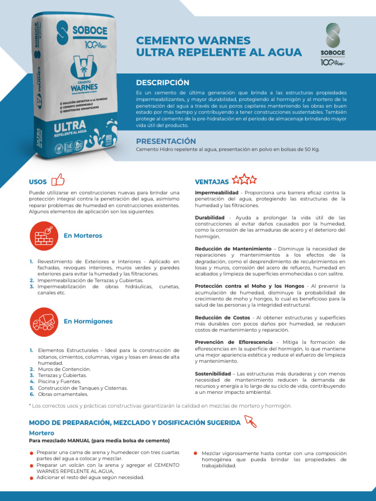 Ficha Tecnica Cemento Warnes Ultra Resistente Al Agua | PDF | Hormigón | Cemento