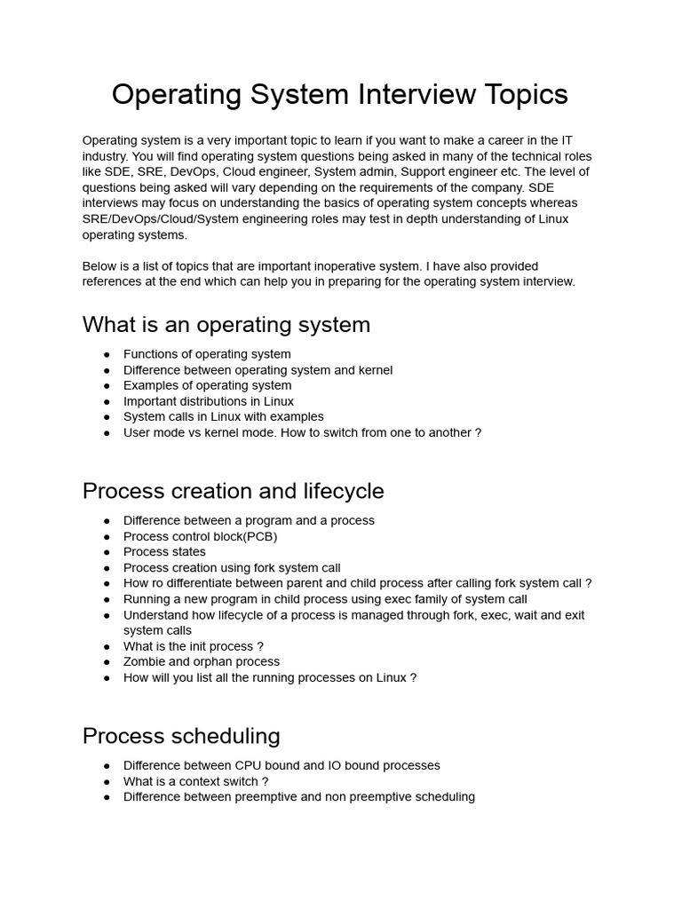 Operating System Topics For Interviews 1649597105 | PDF | Scheduling (Computing) | Thread ...