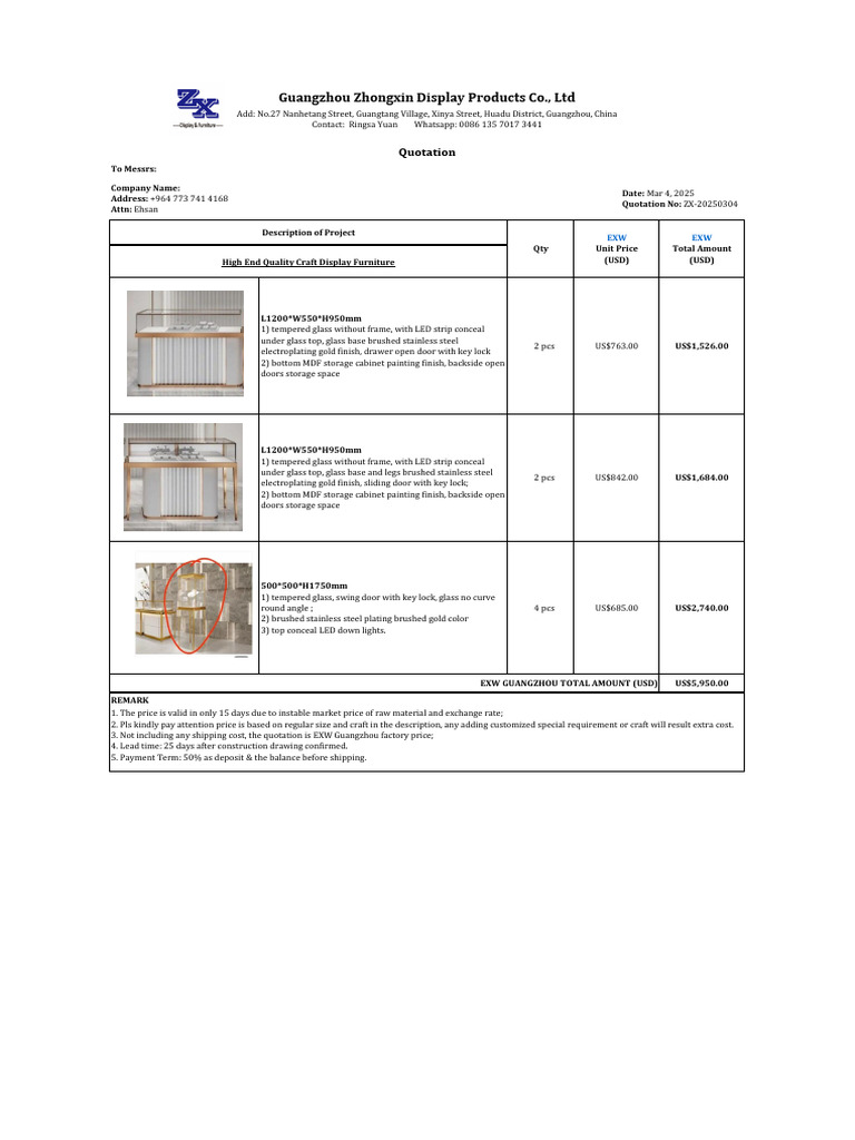 Jewelry Showcase Quotation | PDF | Cabinetry