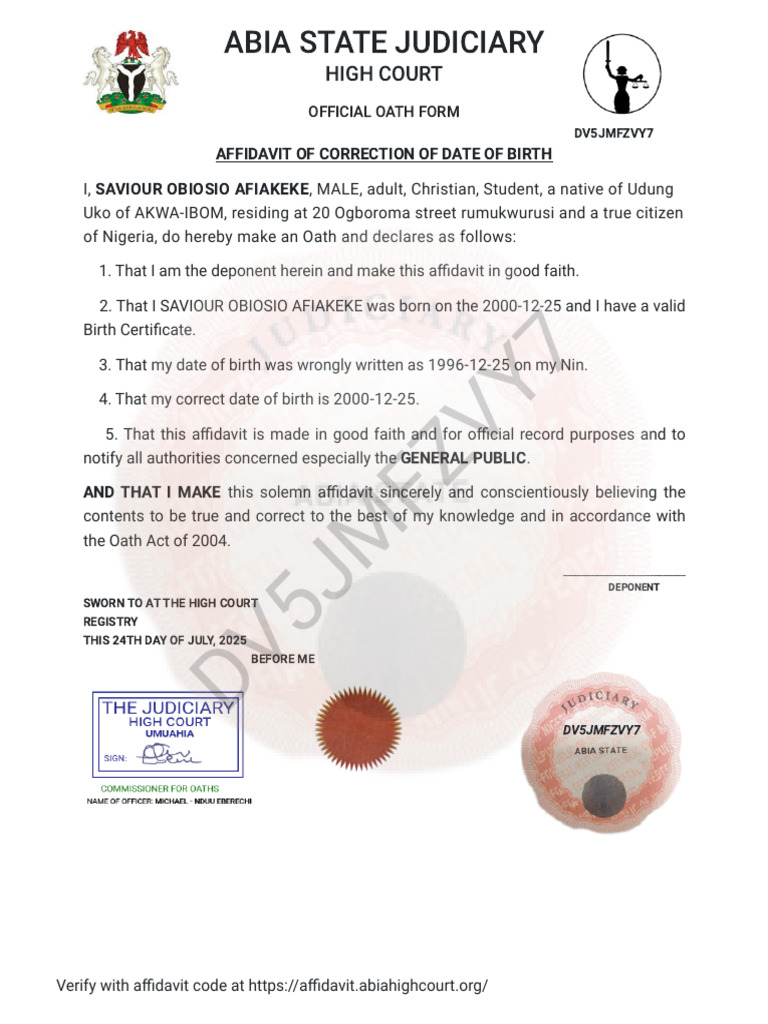 Abia State Birth Date Correction Affidavit | PDF