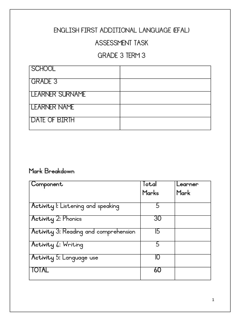 Assessment Task EFAL Grade 3 Term 3 | PDF