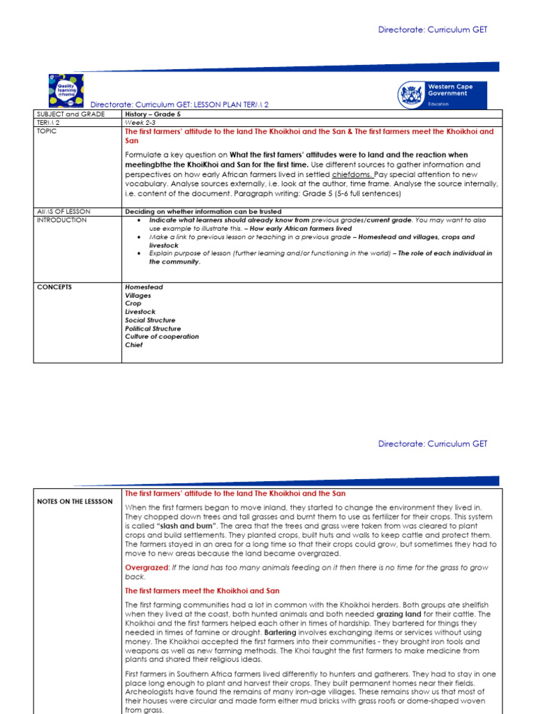 Lesson Plan GR 5 SS History T2 W2-3 | PDF | Curriculum | Information