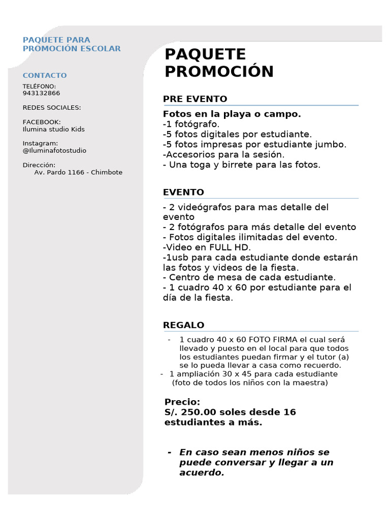 Paquete para Promoción Escolar Ilumina Studio - 2024 | PDF