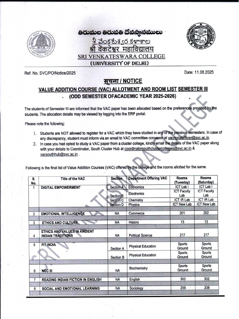 SVC - VAC Allotment and Room List - Semester - III (2025-26) | PDF