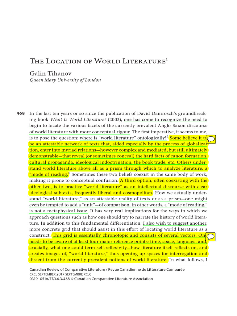 1 - Galin Tihanov The Location of World Literature | PDF | Intertextuality | Translations