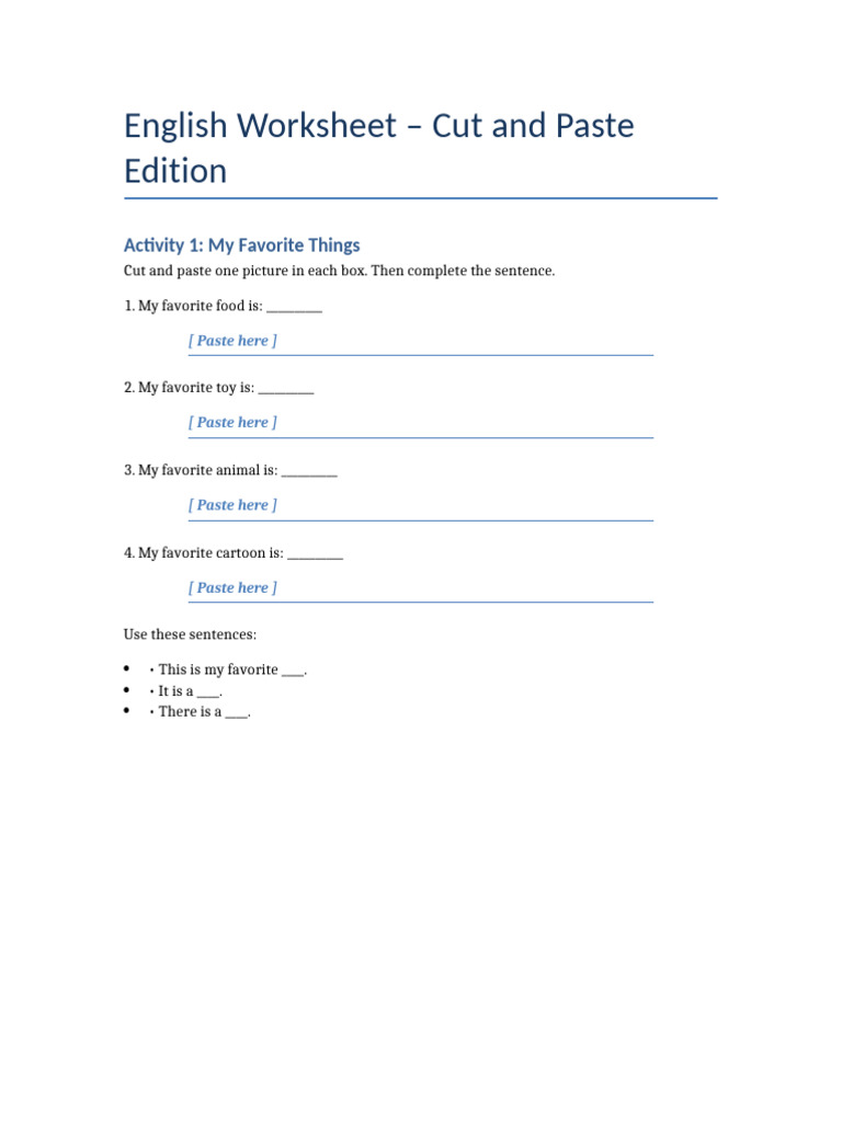 Cut and Paste Favorite Things Worksheet | PDF