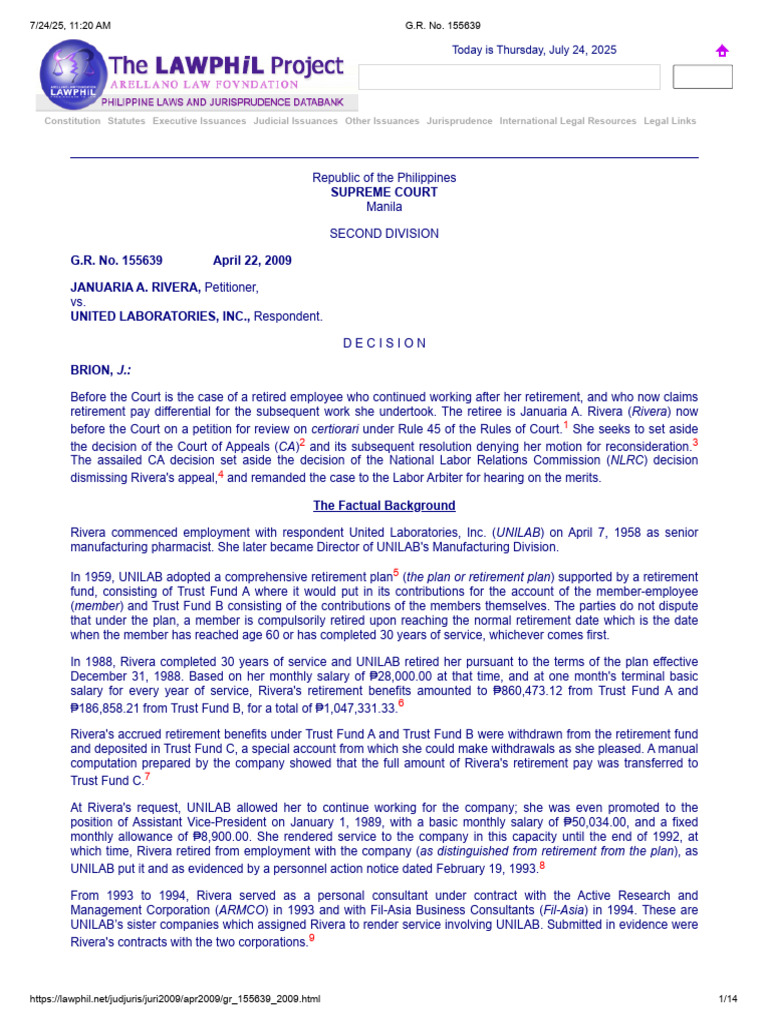 Rivera vs. UNILAB: Retirement Pay Case | PDF | Question Of Law | Employment
