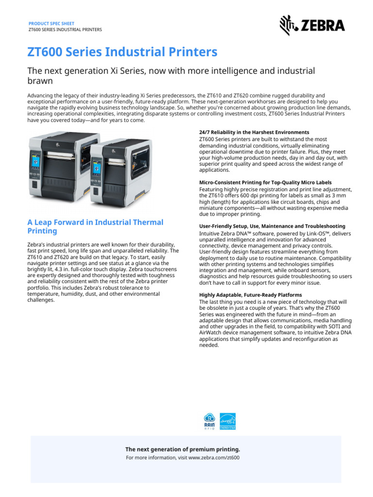 ZT600 Series Industrial Printers Overview | PDF | Printer (Computing ...