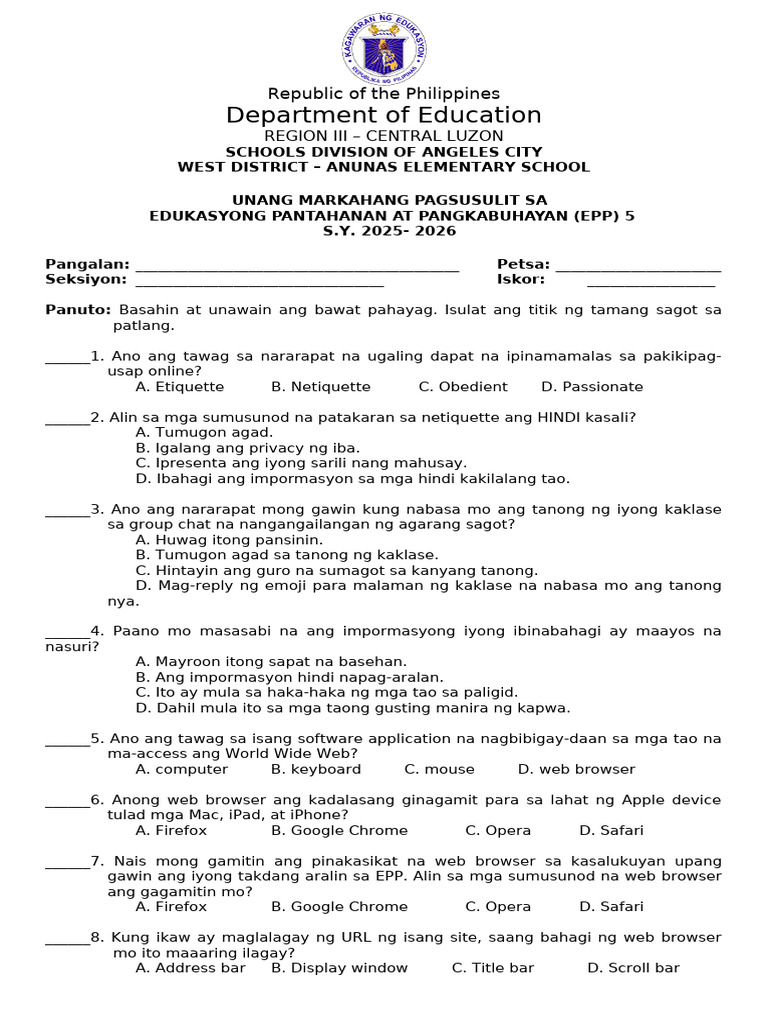 Epp Test Paper - Ict | PDF