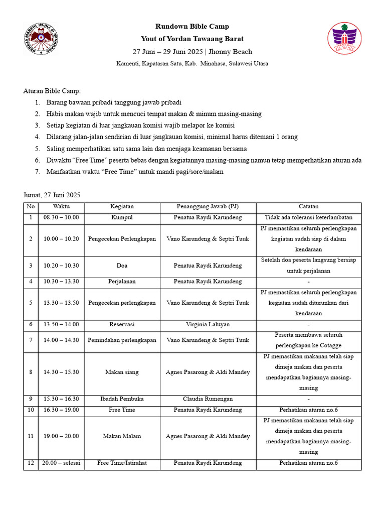 Rundown Bible Camp Yout of Yordan 2025 | PDF