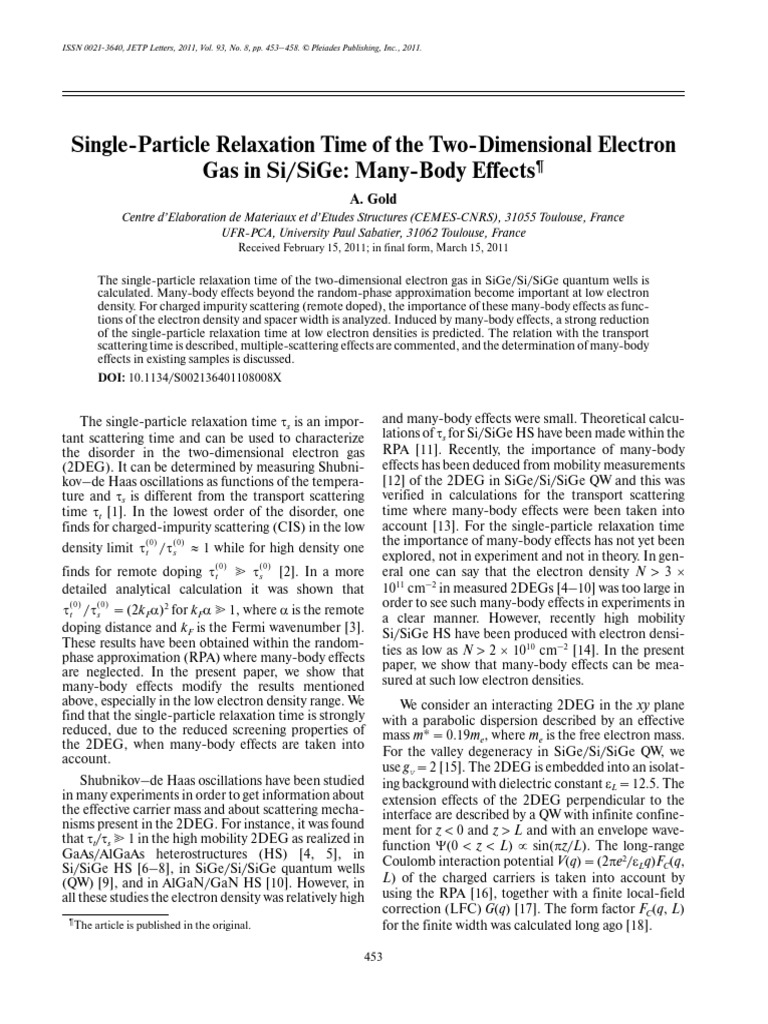Single-Particle Relaxation Time of The Two-Dimensional Electron Gas in SiSiGe Many-Body Effects ...