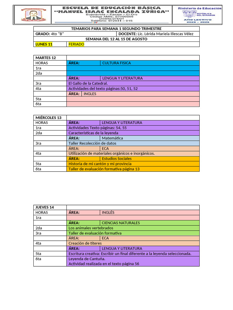 Temarios Semana 1 2do Trim. 4to A | PDF