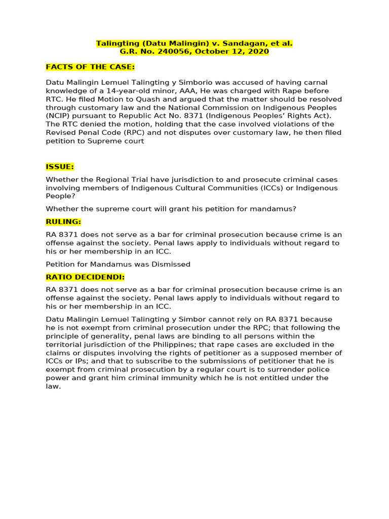 Talingting v. Sandagan: Indigenous Law Case | PDF