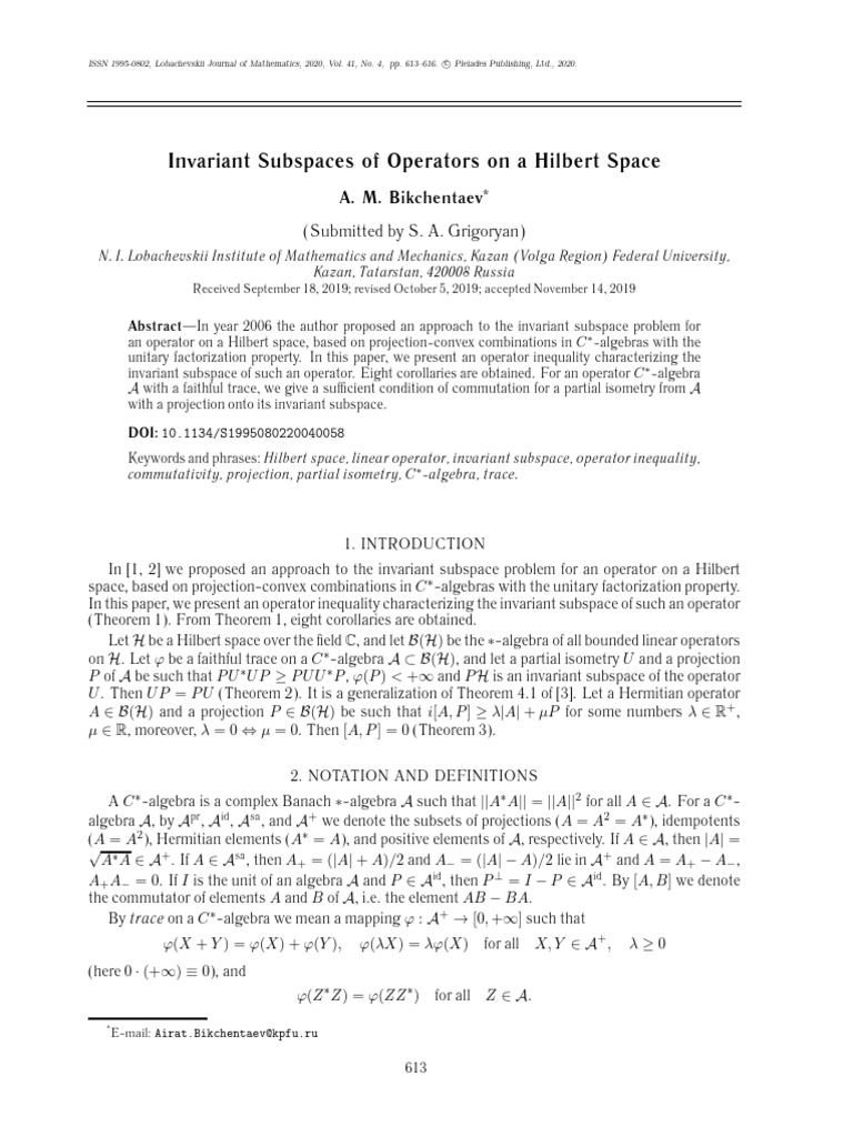 Invariant Subspaces of Operators On A Hilbert Space 10.1134S1995080220040058 - Sci-Hub 2025 ...