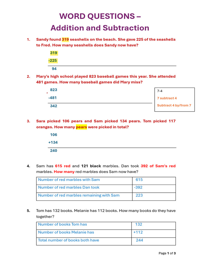 Homework - Word Questions - Addition and Subtraction | PDF | Cupcake