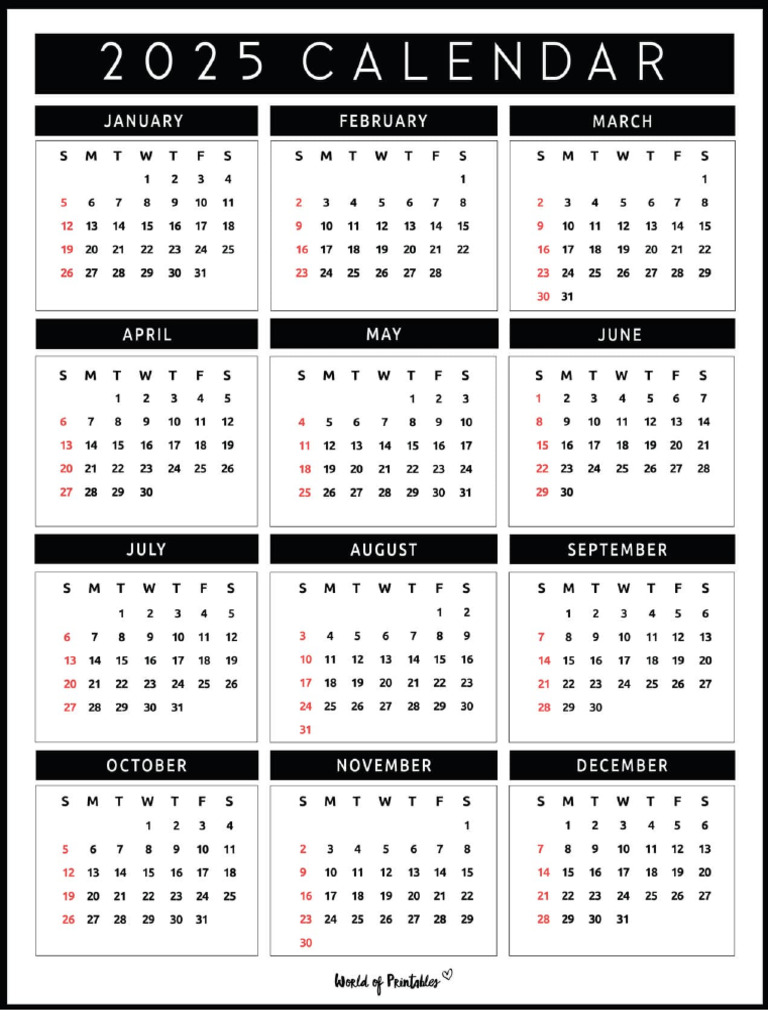 2025-One-Page-Year-Calendar - JPG 1,275×1,650 Pixels 2 | PDF
