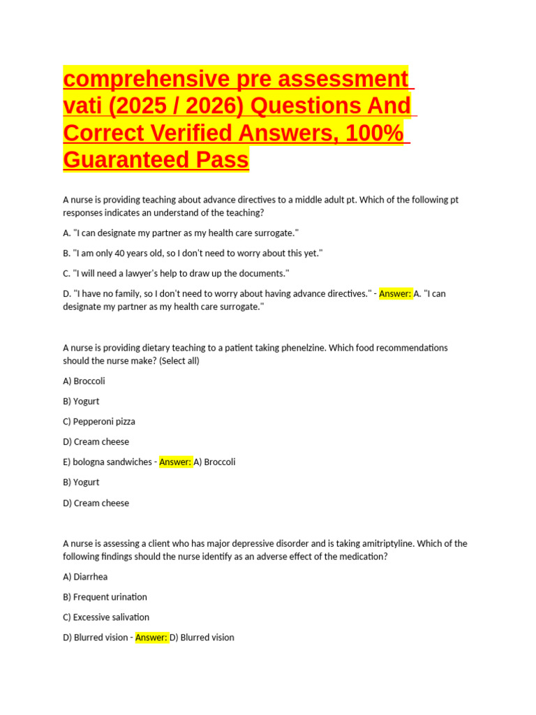 VATI Comprehensive Nursing Pre-Assessment | PDF | Blood | Medical ...