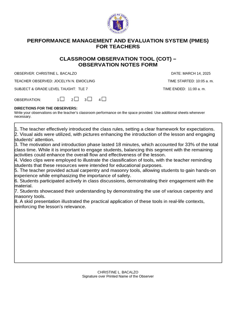 Sample COT Observation Notes Form | PDF