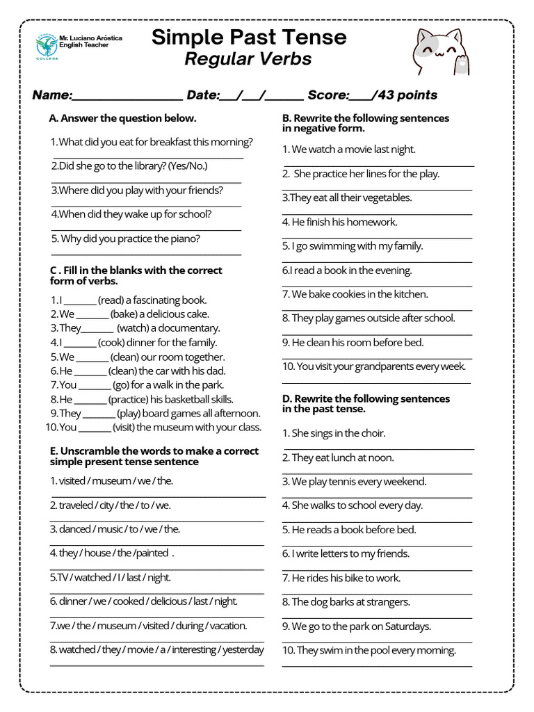 Simple Past Tense Worksheet | PDF | Grammar | Syntax