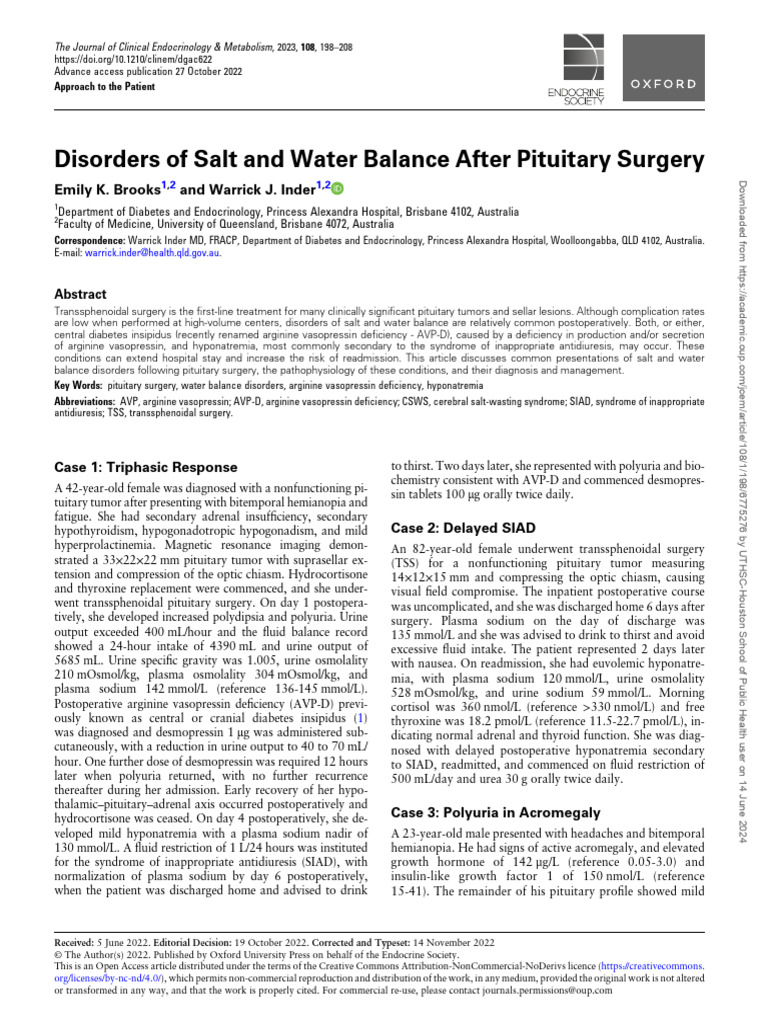 2023 - Disorders of Salt and Water Balance After Pituitary Surgery ...