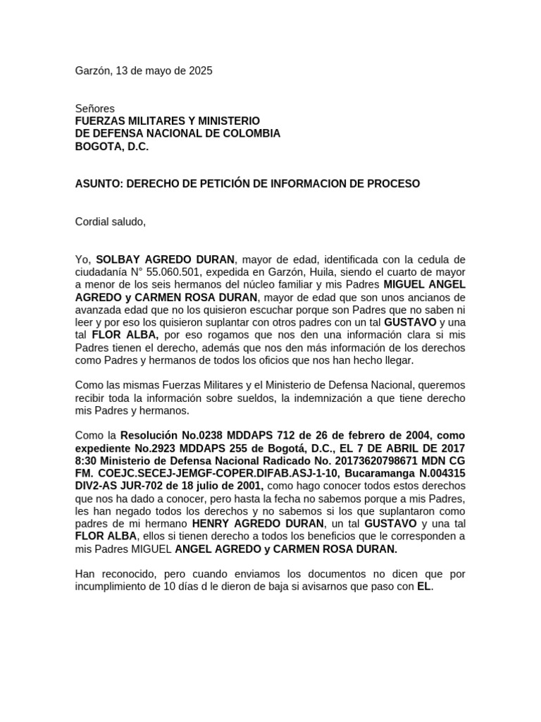 Derecho de Petición: Información Familiar | PDF