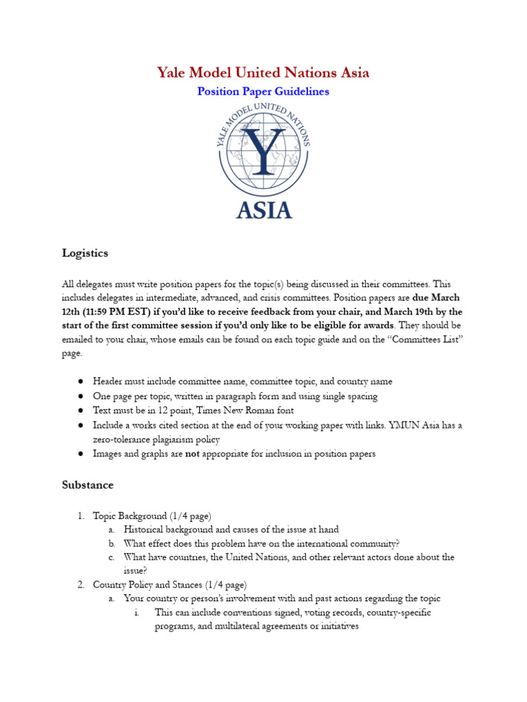 YMUN Asia Position Paper Guidelines | PDF