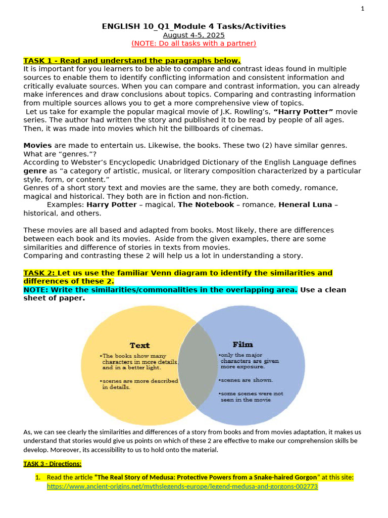 ENGLISH 10 Q1 Module 4 Tasks For Aug. 5 2025 | PDF | Medusa | Hades