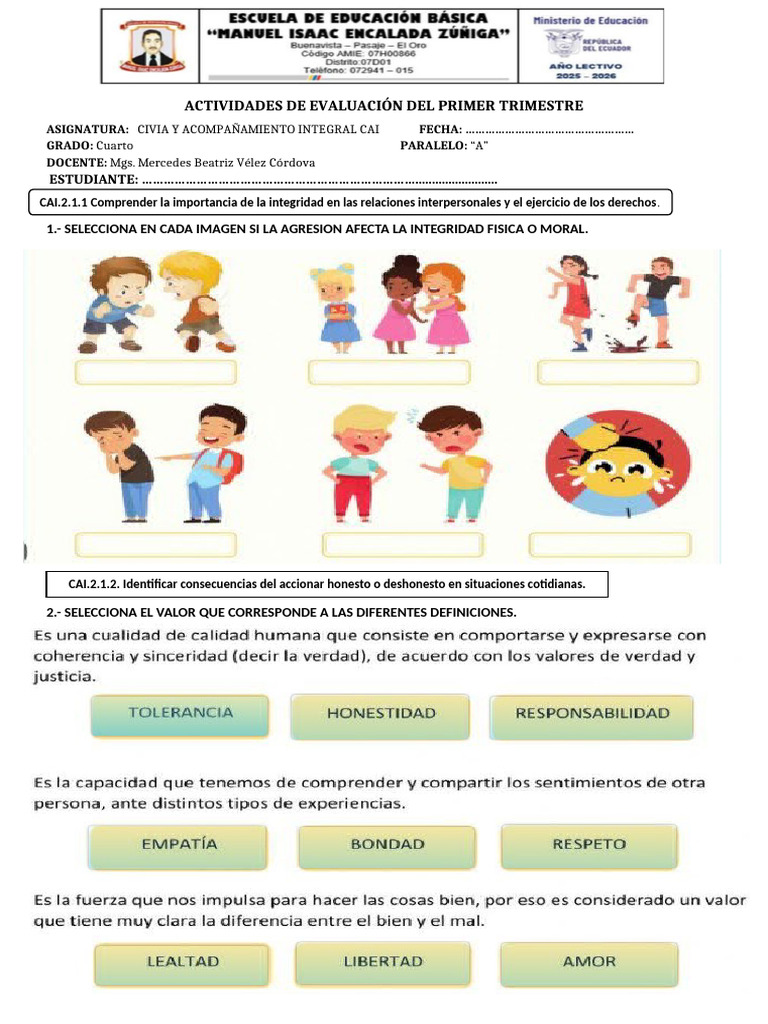 Evaluación Primer Trimestre Cai Cuarto A Pdf
