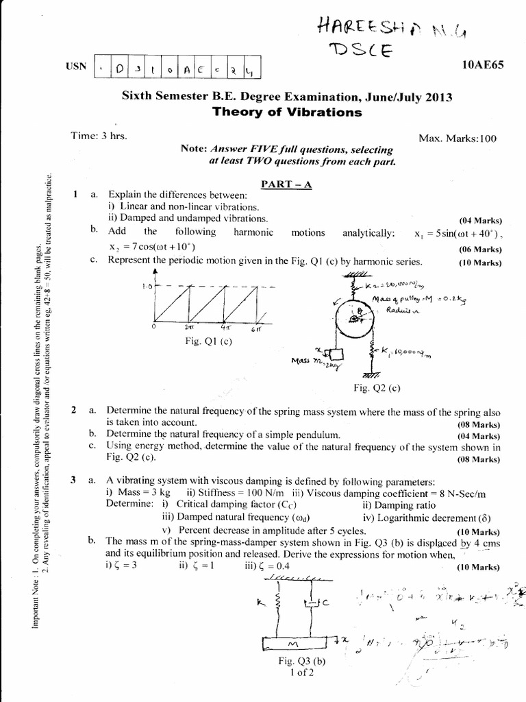 10AE65 - Theory of Vibrations | PDF | Oscillation | Physical Phenomena