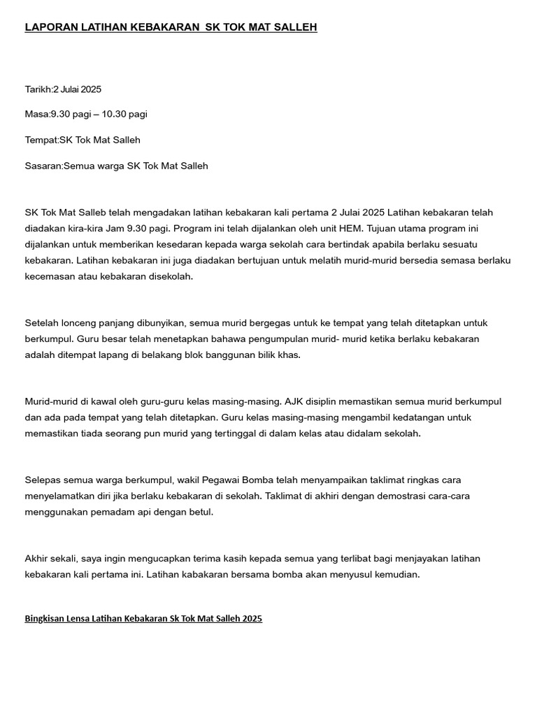 Laporan Latihan Kebakaran SK Tok Mat Salleh | PDF