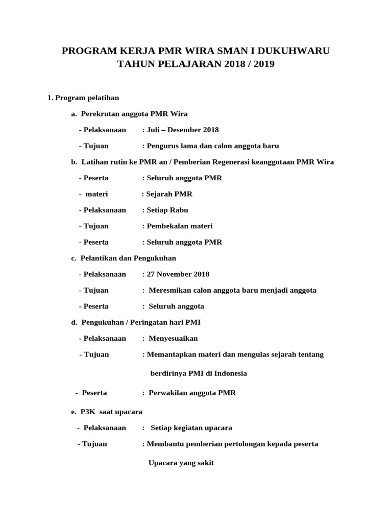 Program Kerja PMR Wira SMAN I 2018 | PDF