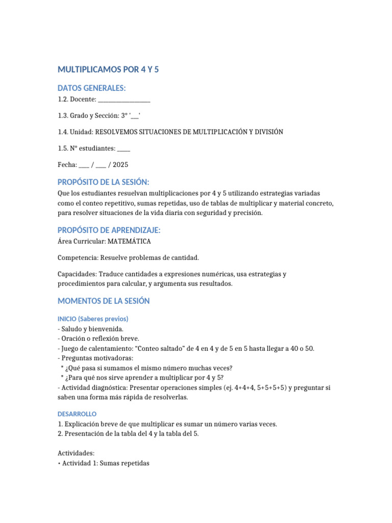 Multiplicación por 4 y 5 en 3° grado | PDF