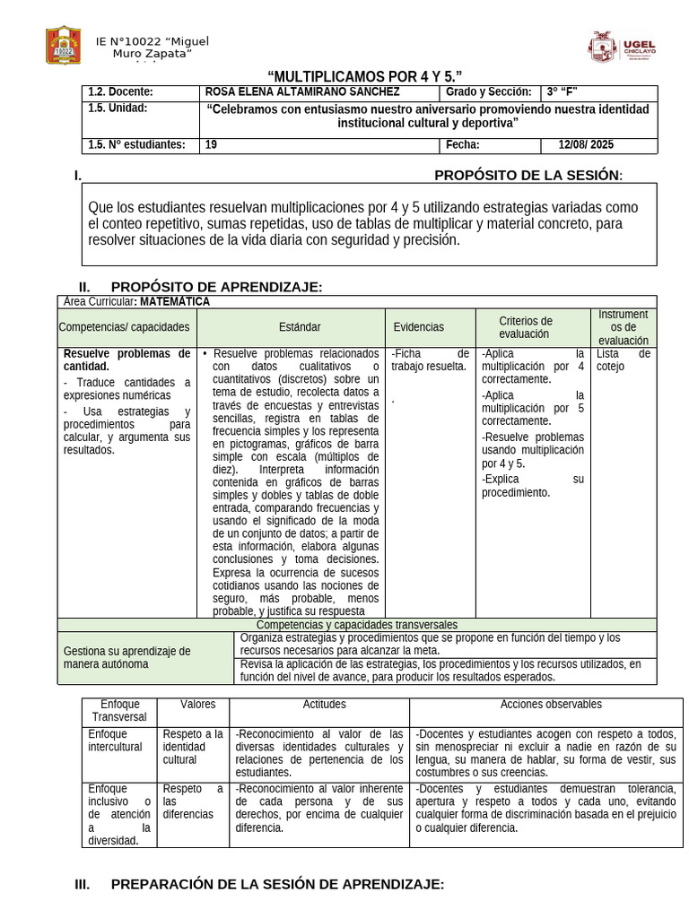 Multiplicación por 4 y 5 en 3° "F" | PDF | Aprendizaje | Multiplicación
