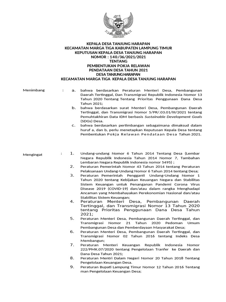 SK Pokja Relawan Pendataan Desa | PDF