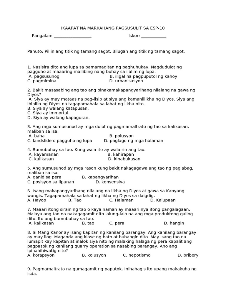 Ikaapat Na Markahang Pagsusulit Sa Esp | PDF