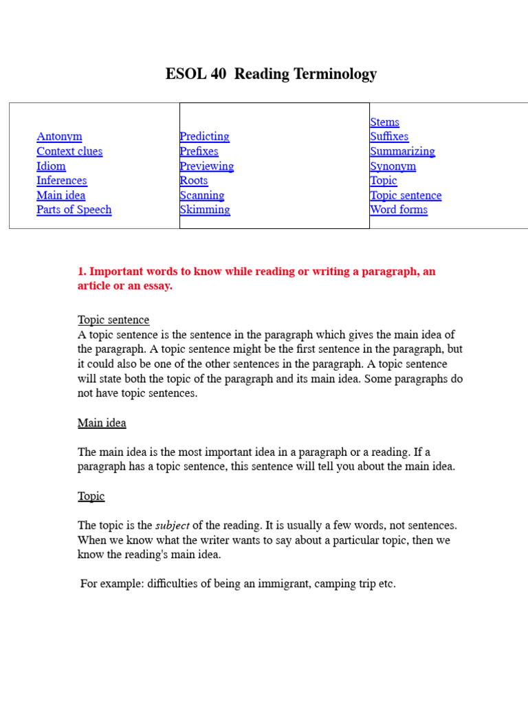 Essential Reading Terms for ESOL Students | PDF | Part Of Speech ...