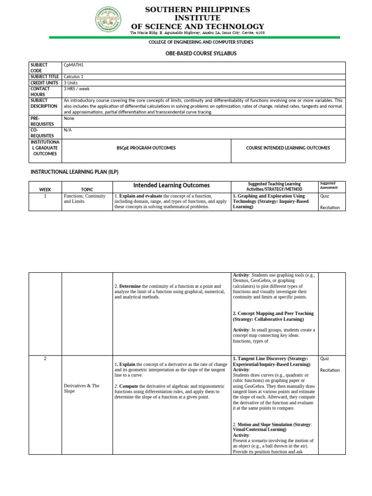 Calculus 1-Obe-Based Syllabus | PDF | Derivative | Function (Mathematics)