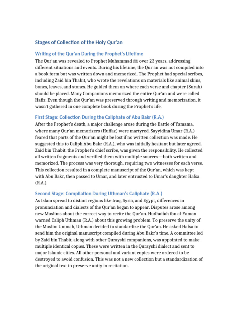 Stages of Collection of Quran | PDF | Quran | Islam