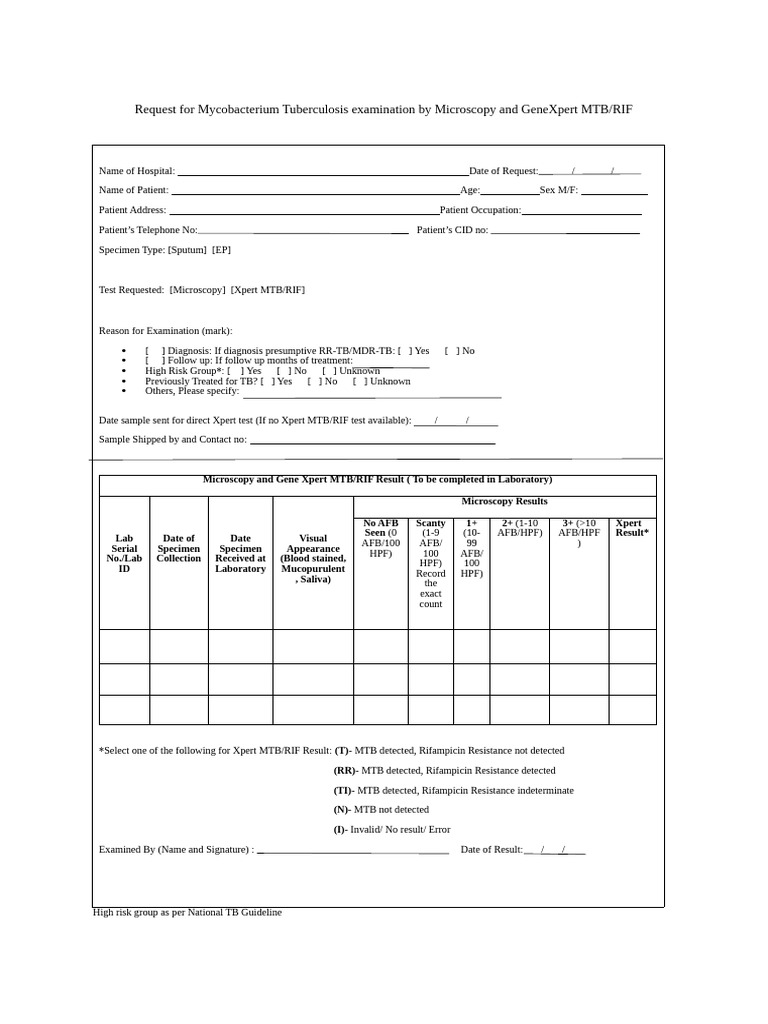 GeneXpert MTB/RIF Test Request Form | PDF | Tuberculosis | Clinical ...