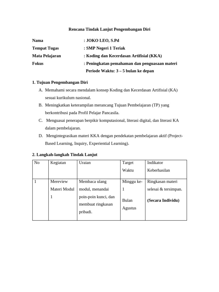 Rencana Tindak Lanjut Pengembangan Diri Joko Leo FIX | PDF