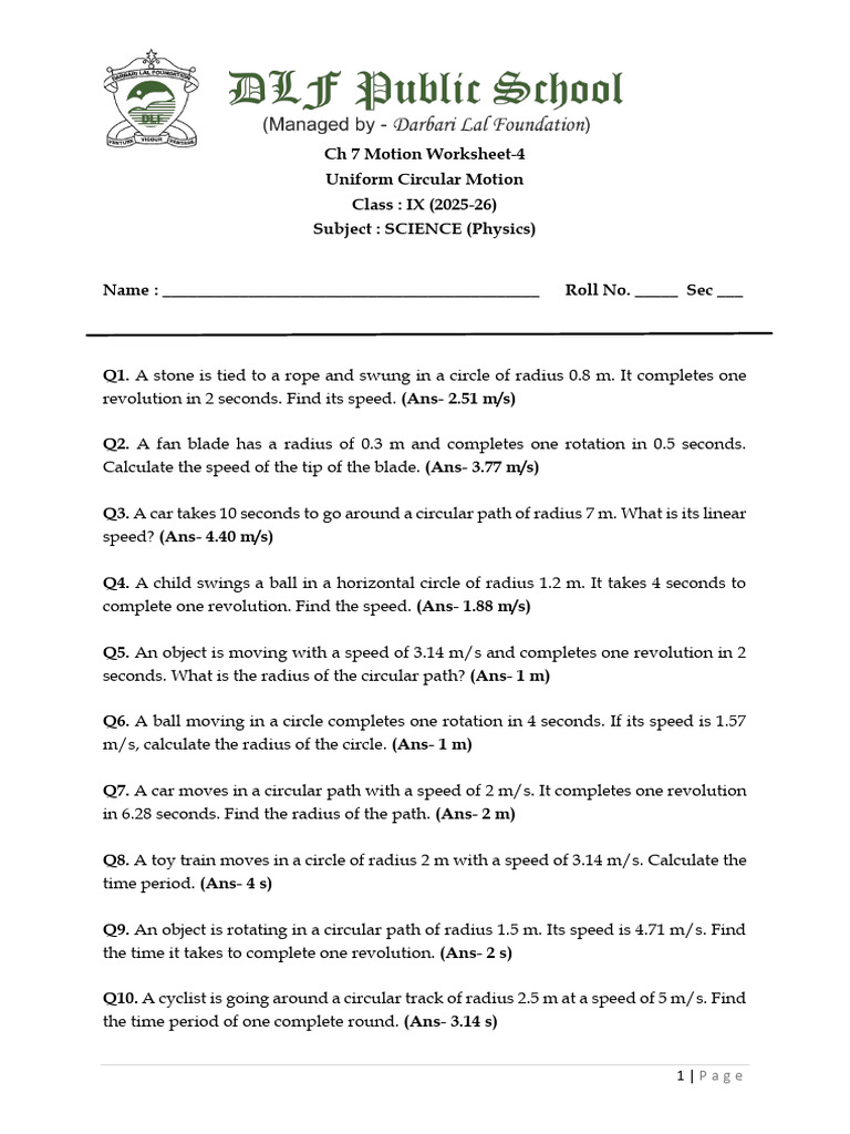 CH 7 Motion - Worksheet 4 - Uniform Circular Motion | PDF