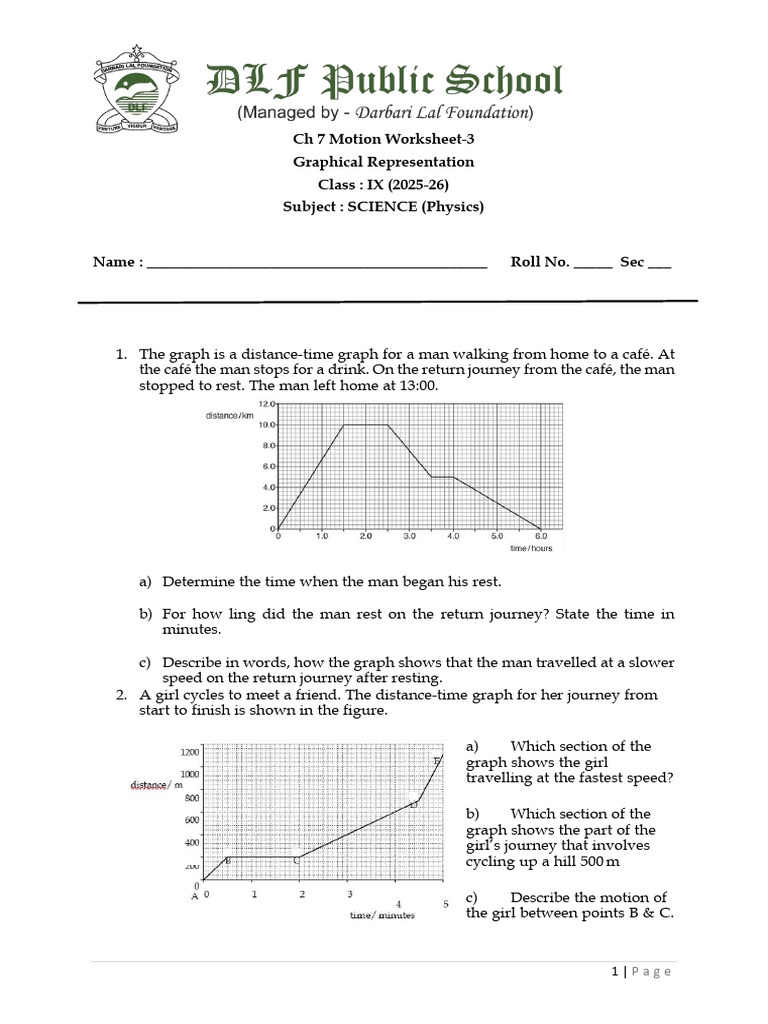 CH 7 Motion - Worksheet 3 - Graphs | PDF | Speed | Mechanics