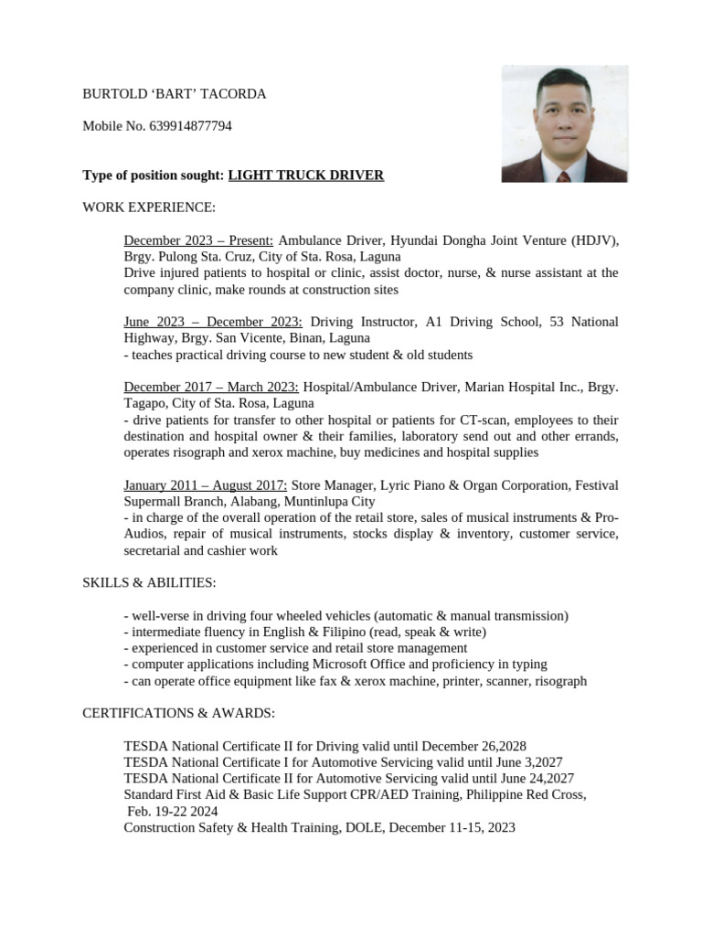 Light Truck Driver Resume | PDF | Vehicles