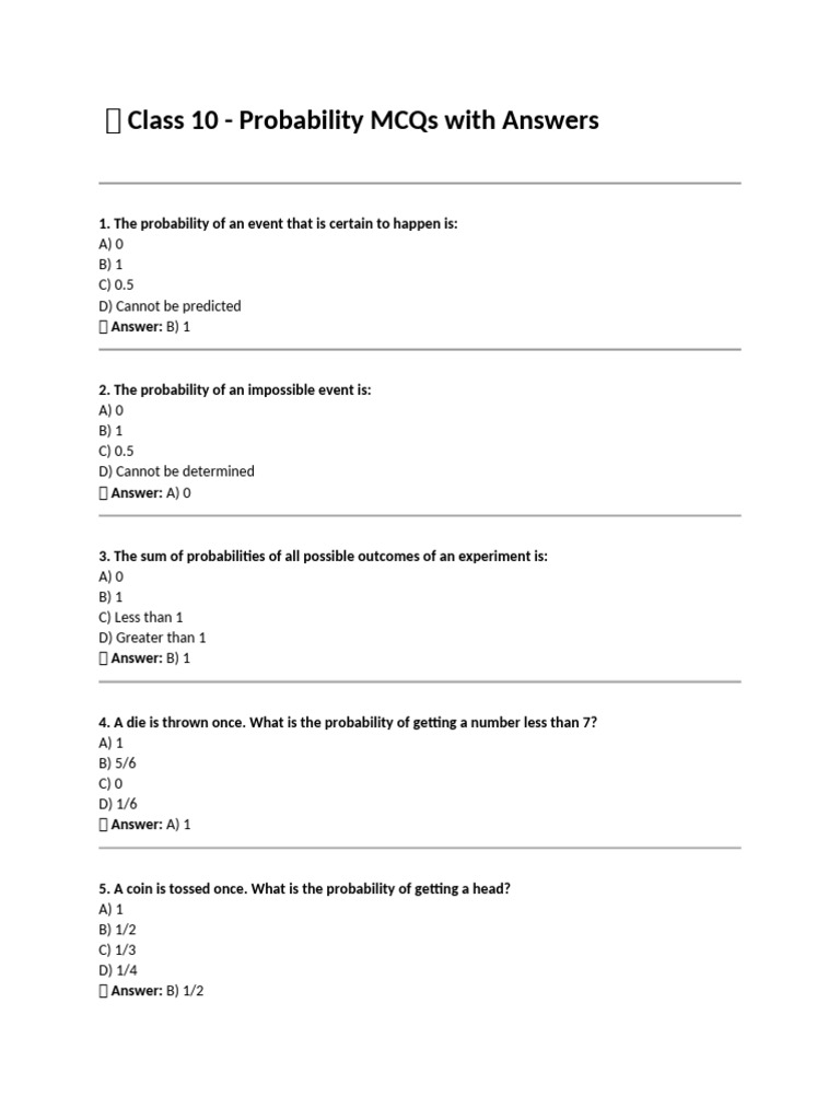Class 10 Probability MCQs and Answers | PDF | Odds | Probability