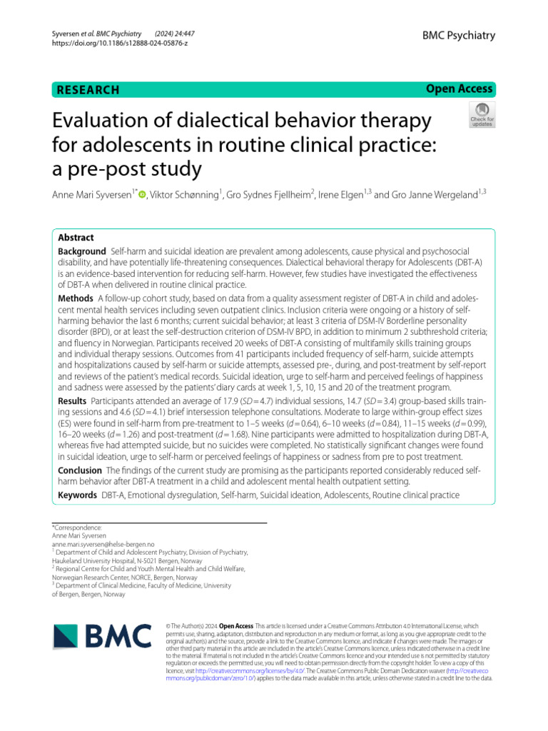 DBT-A Effectiveness for Adolescents | PDF | Dialectical Behavior ...