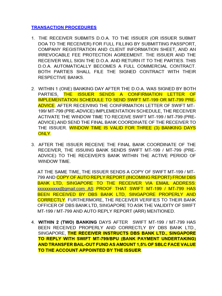 Standard Procedure of SBLC Transaction | PDF | Letter Of Credit | Banks