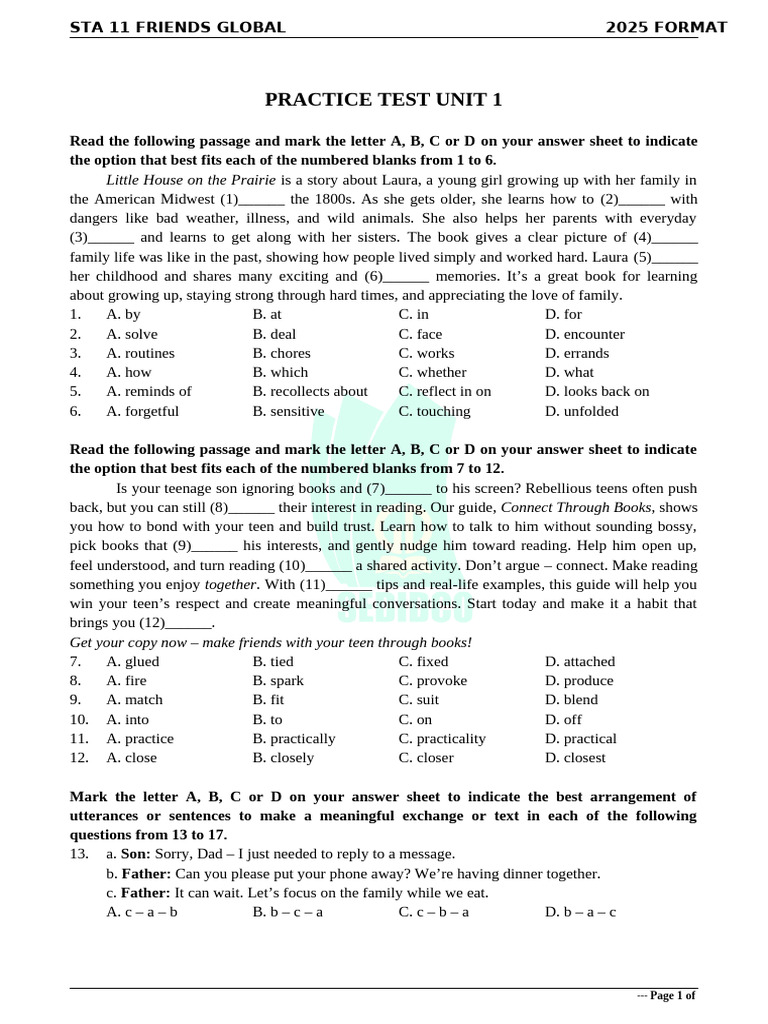 STA 11 Friends Global Practice Test | PDF | Adolescence